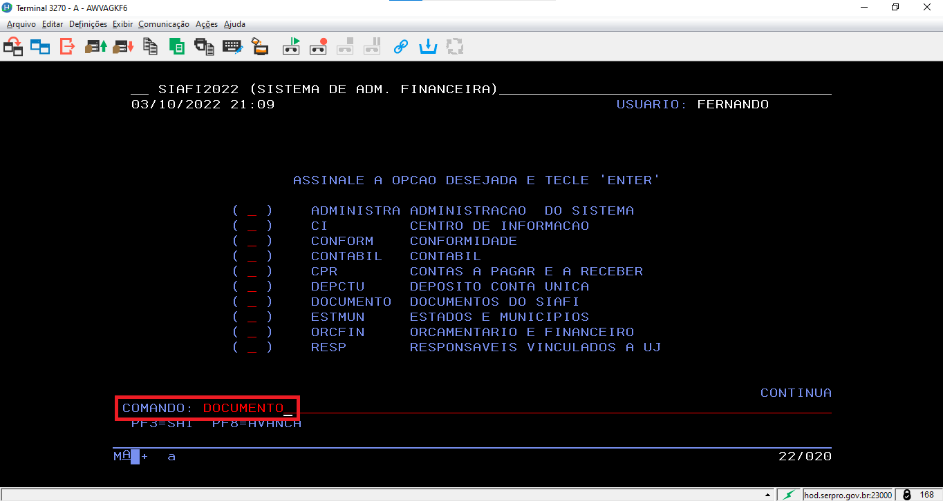 Primeiros passos no SIAFI OPERACIONAL (TELA PRETA) – DCF