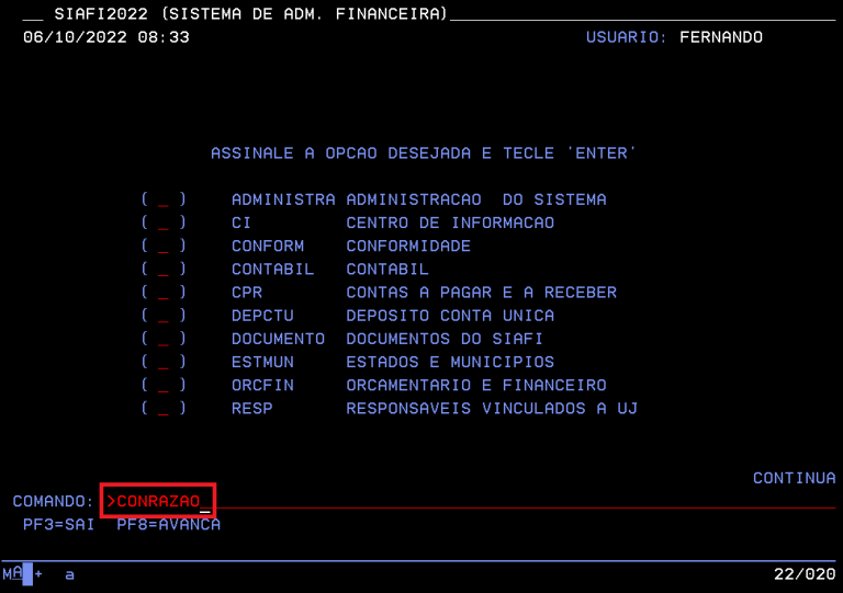 Comando >CONRAZAO (consultar saldo de empenho) – DCF