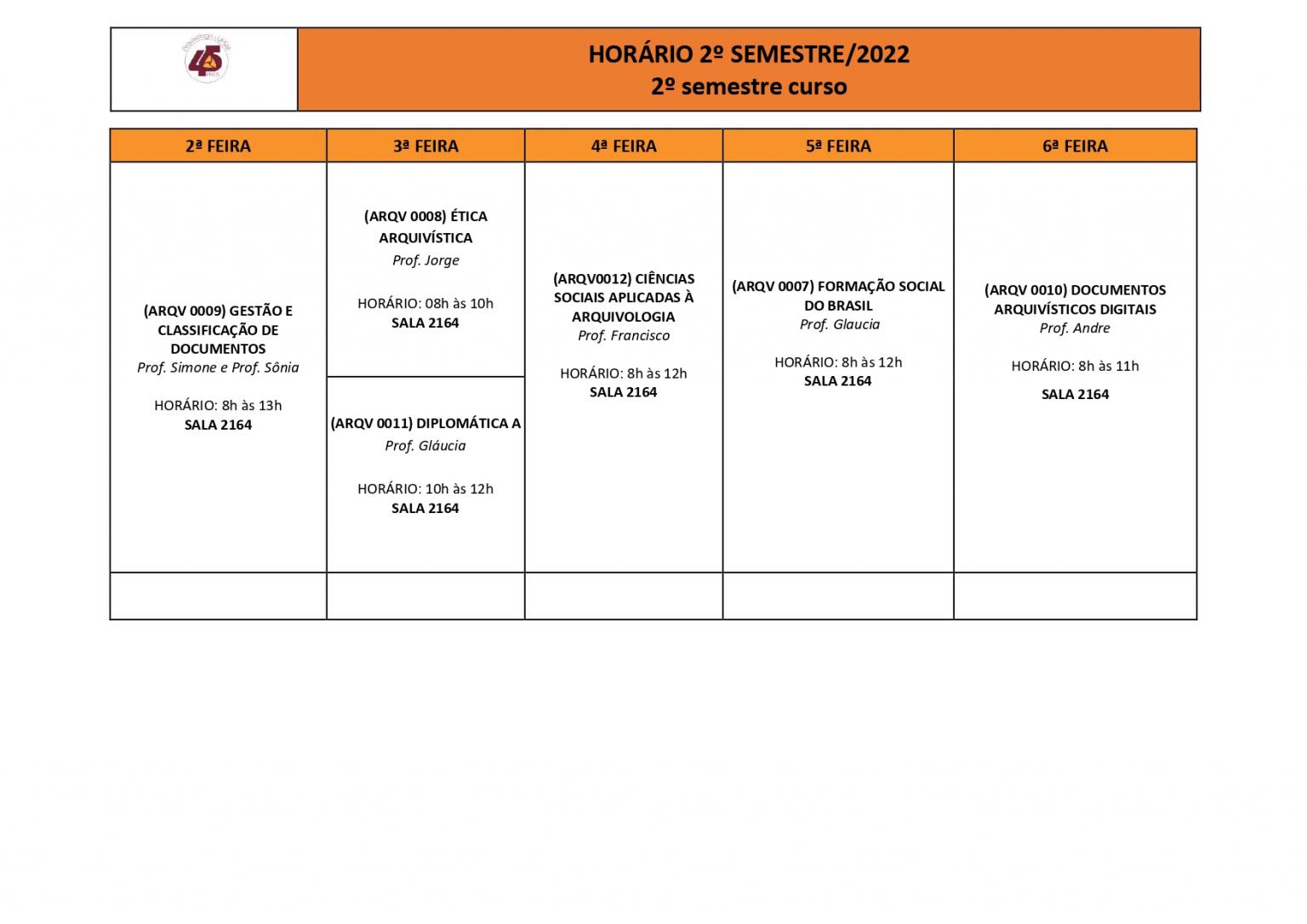 Quadro de horários 2/2022 – Arquivologia