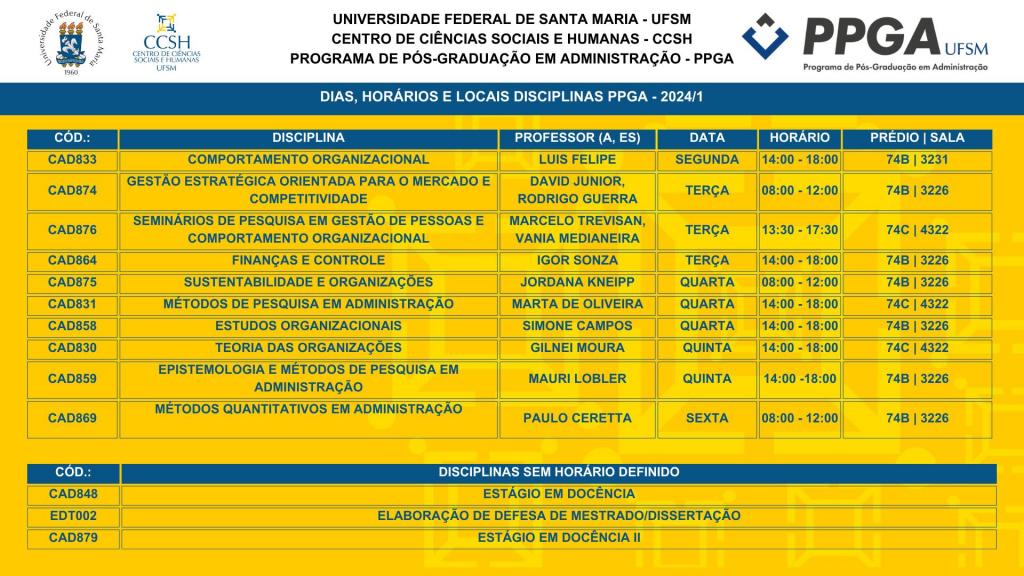 Horário 2024/1 do PPGA – Mestrado e Doutorado – PPGA