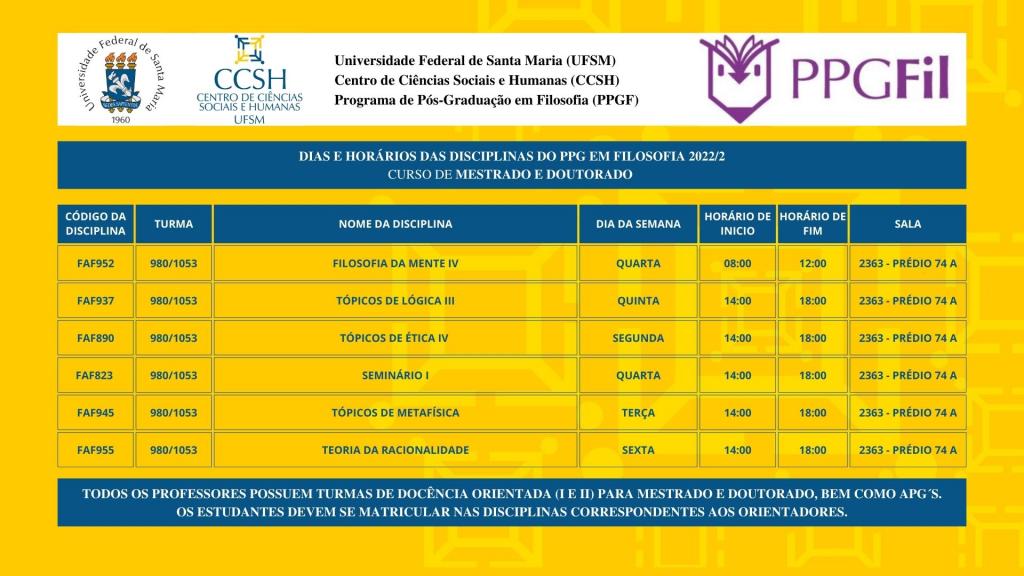 Horário 2022/2 PPGF – Ajuste de matricula por e-mail: sipos.ccsh@ufsm ...
