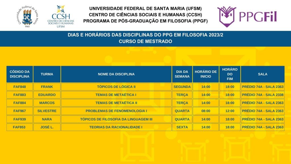Oferta de disciplinas com horário e sala do PPGF – 2º Semestre de 2023 ...