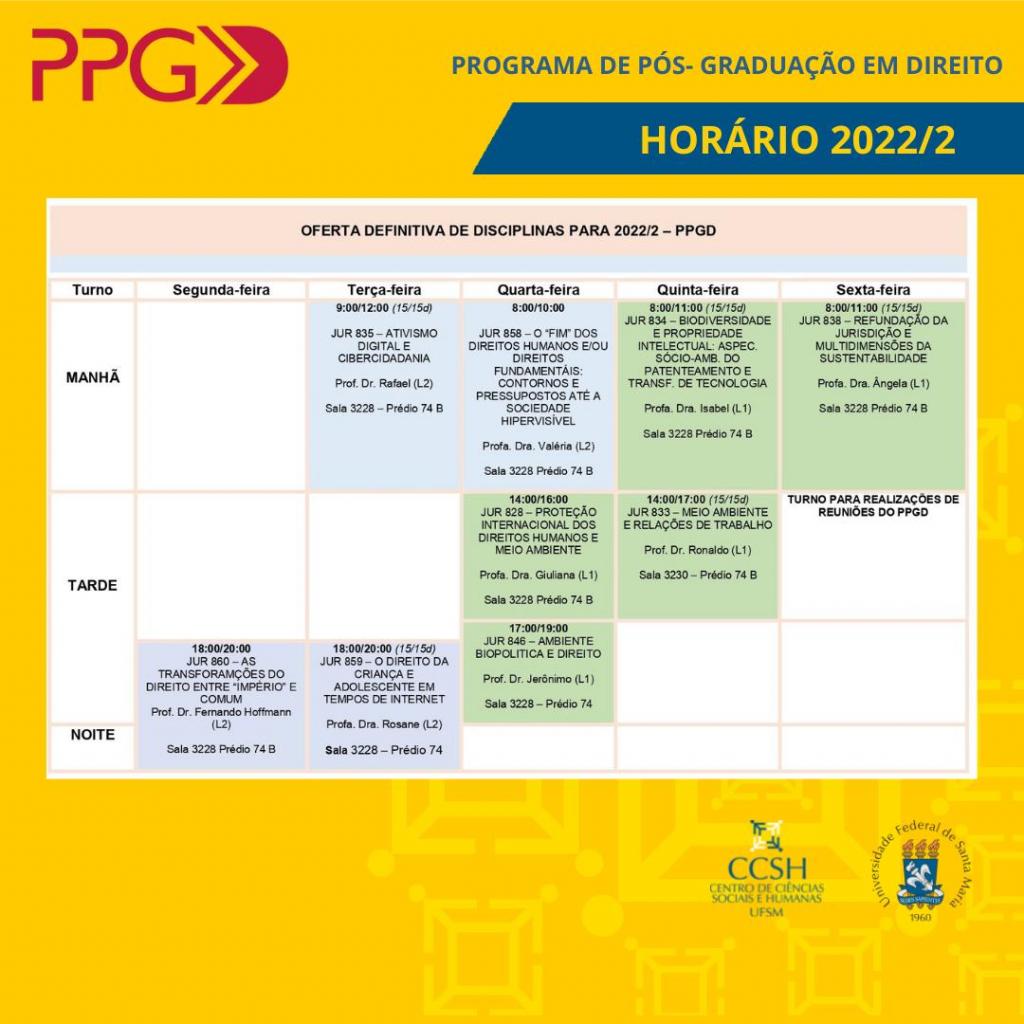 Horário 2022/2 PPGD – Ajuste de matricula por e-mail: sipos.ccsh@ufsm ...